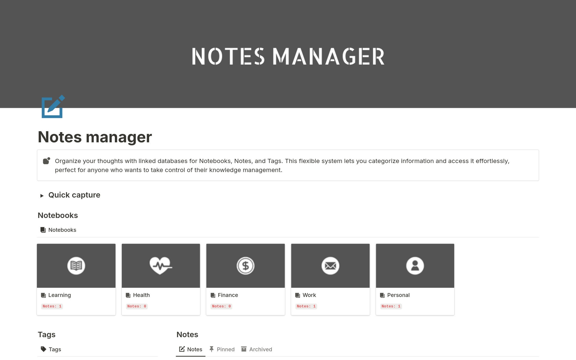 Notes manager Template by Excel Studios | Notion Marketplace