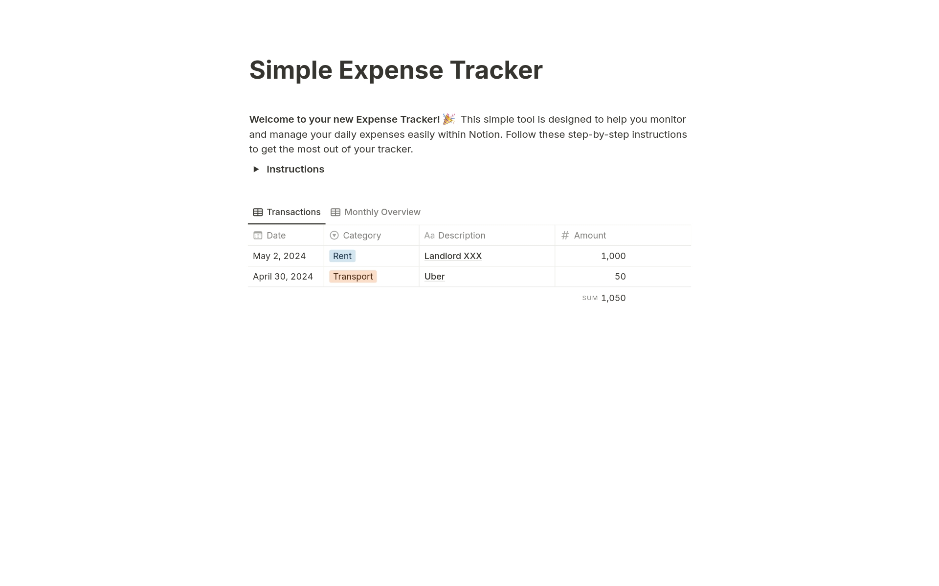Simple Expense Tracker Template by Sue | Notion Marketplace