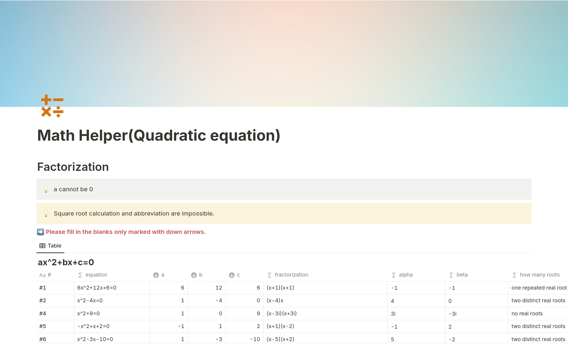 Math Helper(Quadratic equation) Template | Notion Marketplace