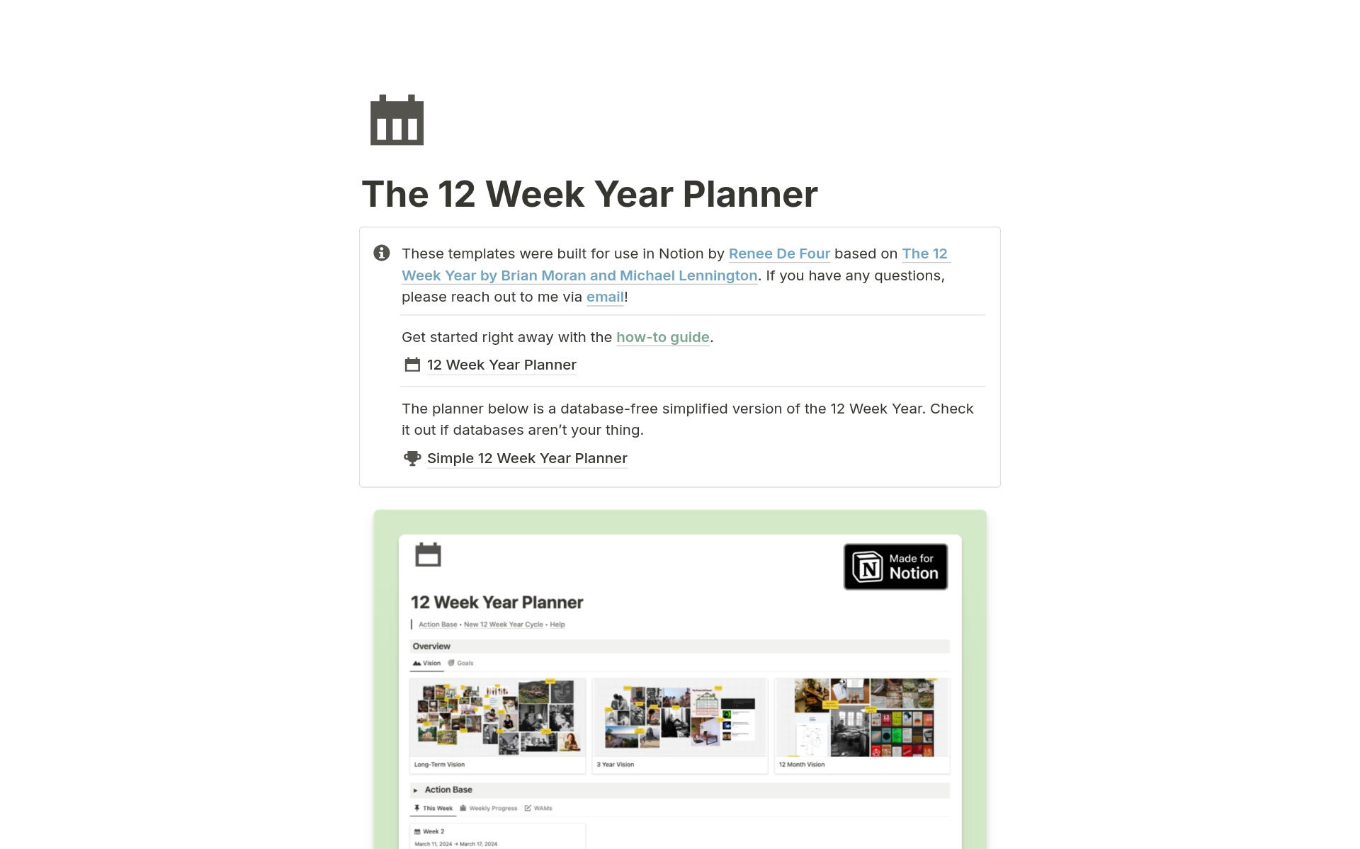 12 Week Year Planner Template by Renee De Four | Notion Marketplace