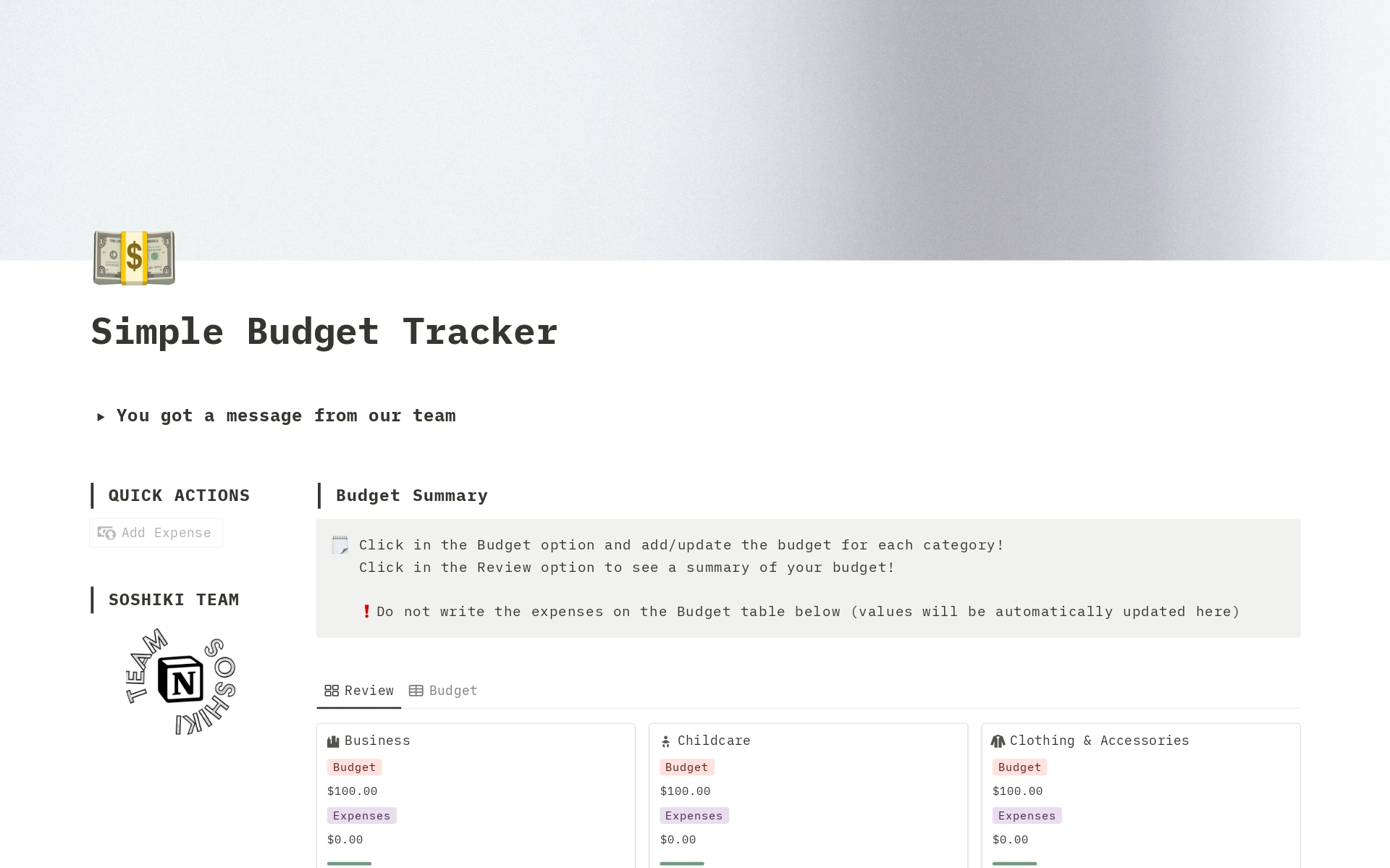 Simple Budget Tracker Template by SoshikiTeam | Notion Marketplace